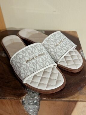 Michael Kors | Shoes | Michael Kors Felicia Flat Slide Mk Signature ...